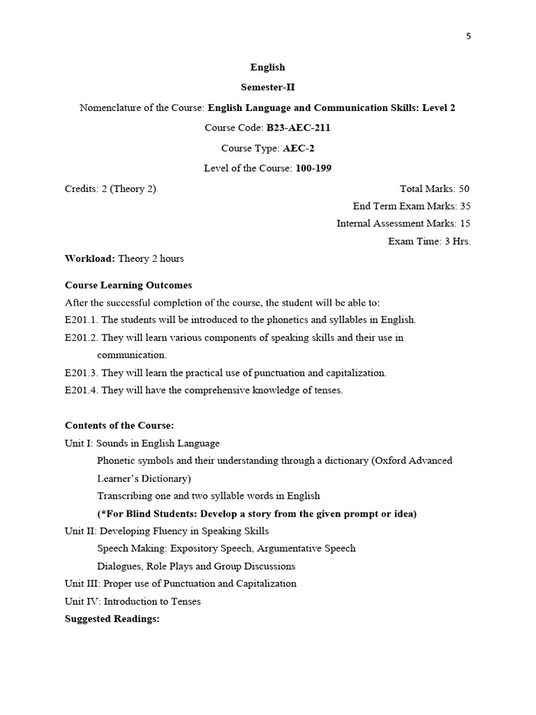 AEC Syllabus Semester-II - English Language and Communication Skills - Level-2 | PDF | English ...