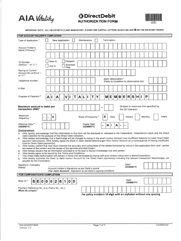 AIA Vitality Direct Debit Authorization Form | PDF