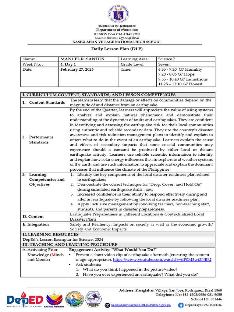 Earthquake Preparedness Lesson Plan | PDF | Emergency Evacuation ...