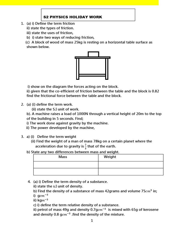 S2 Phy Holiday Work | PDF | Force | Density