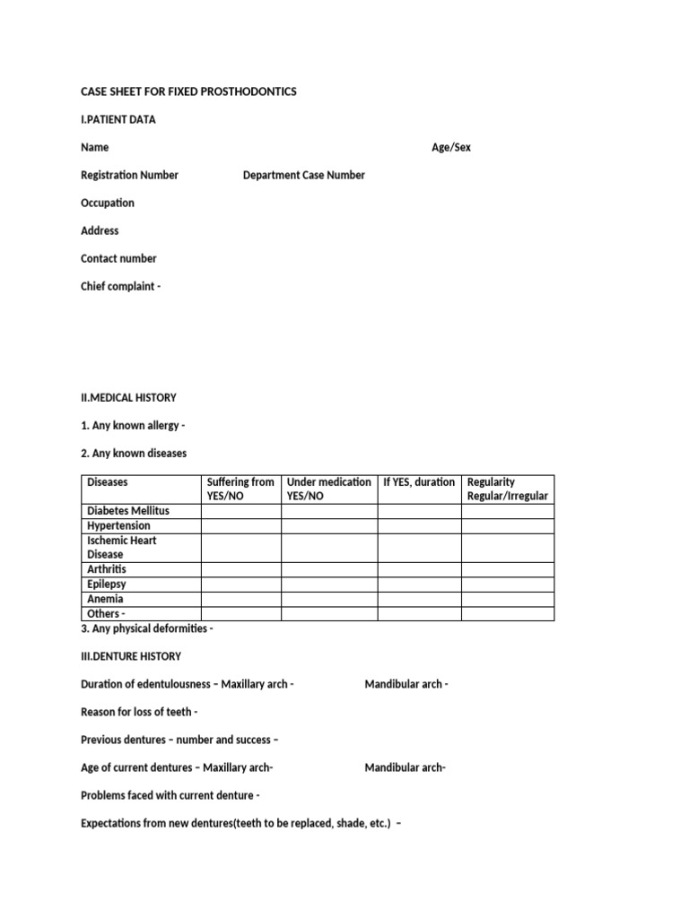 Case Sheet for Fixed Prosthodontics - Copy | PDF | Periodontology ...