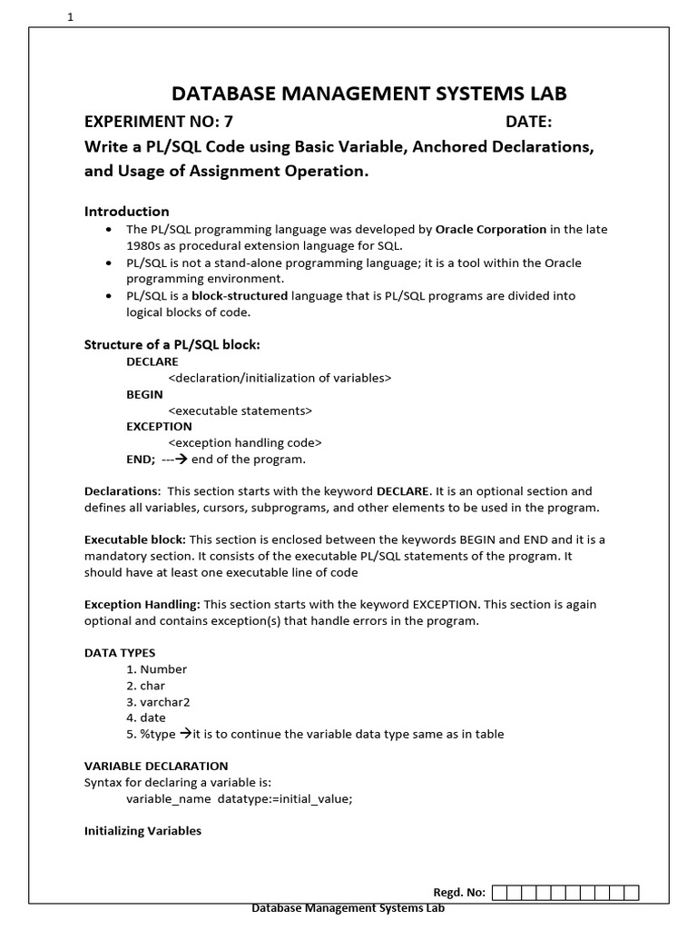 DBMS Lab Experiment Week7 | PDF | Pl/Sql | Computer Science