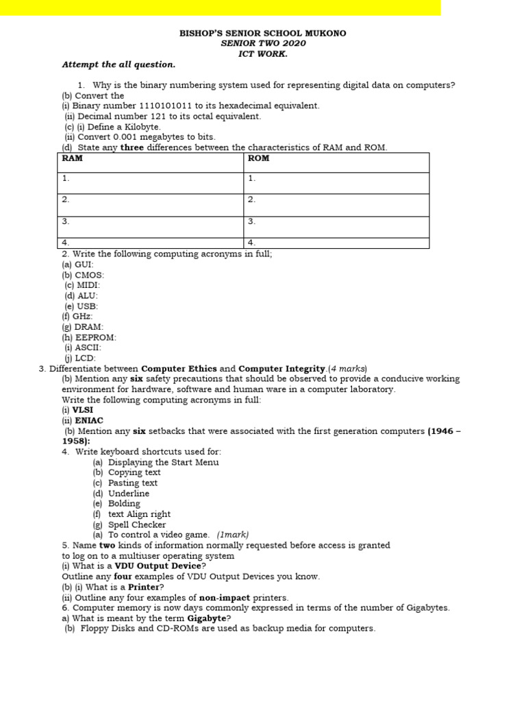 S.2 Ict Holiday Work | PDF | Computer Data Storage | Computer Architecture