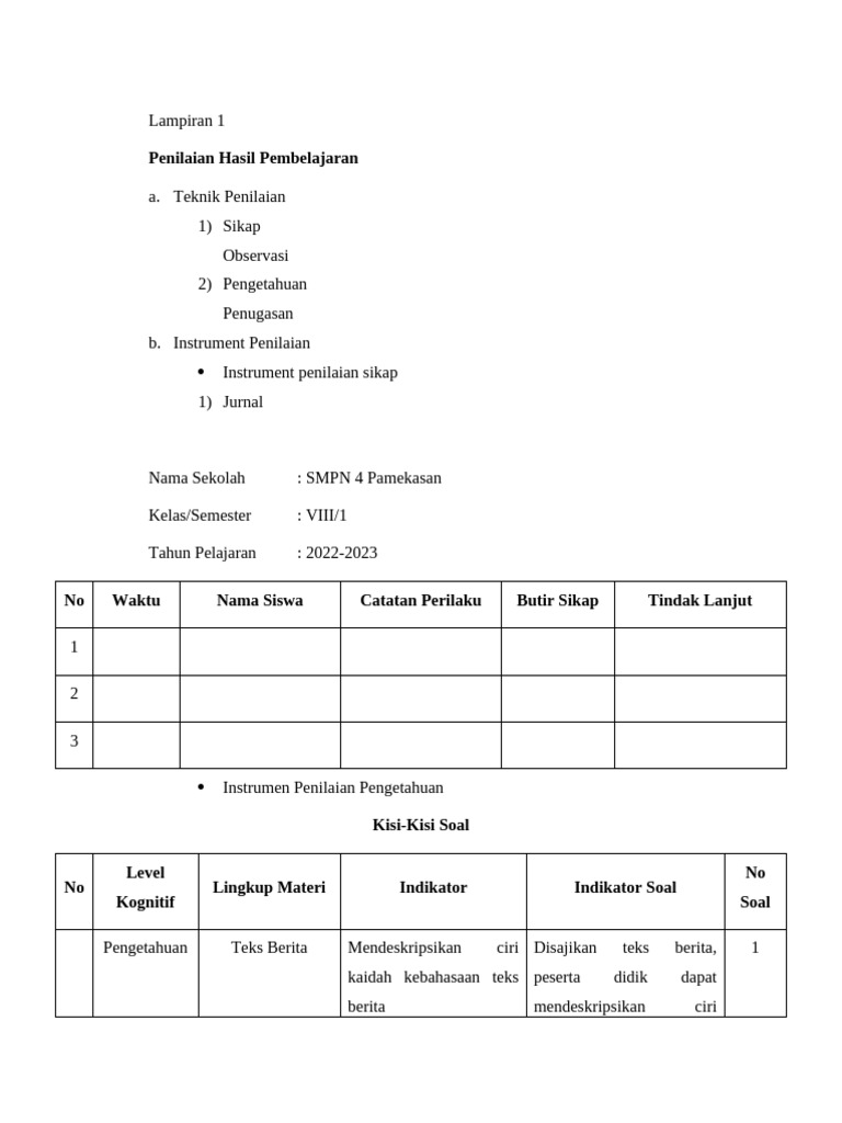 Contoh Instrumen Penilaian dan Soal | PDF