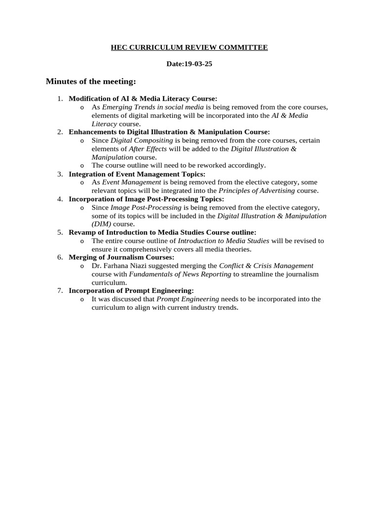 HEC CURRICULUM REVIEW COMMITTEE - Minutes. | PDF