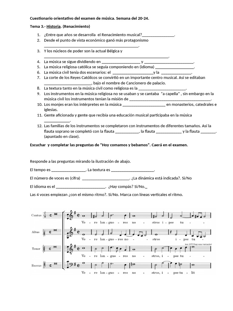 Cuestionario de Examen de Música: Renacimiento y Tecnología | PDF ...