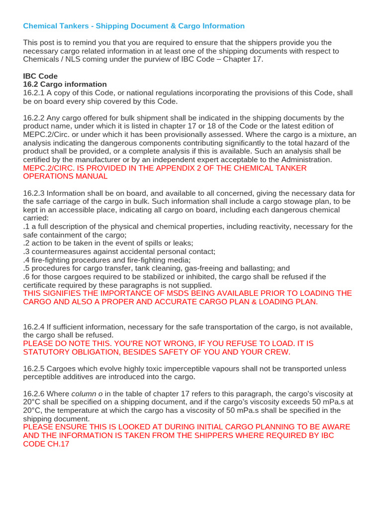 Chemical Tankers-cargo information | PDF | Cargo | Oil Tanker