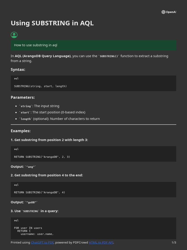 Using SUBSTRING in AQL | PDF