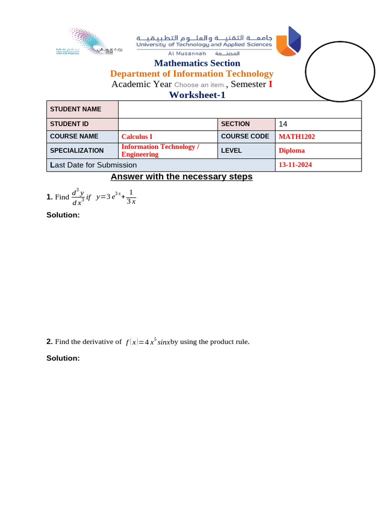 Worksheet-1- MATH1202- Sec-14-Sept 2024 (1) Setb 1 | PDF