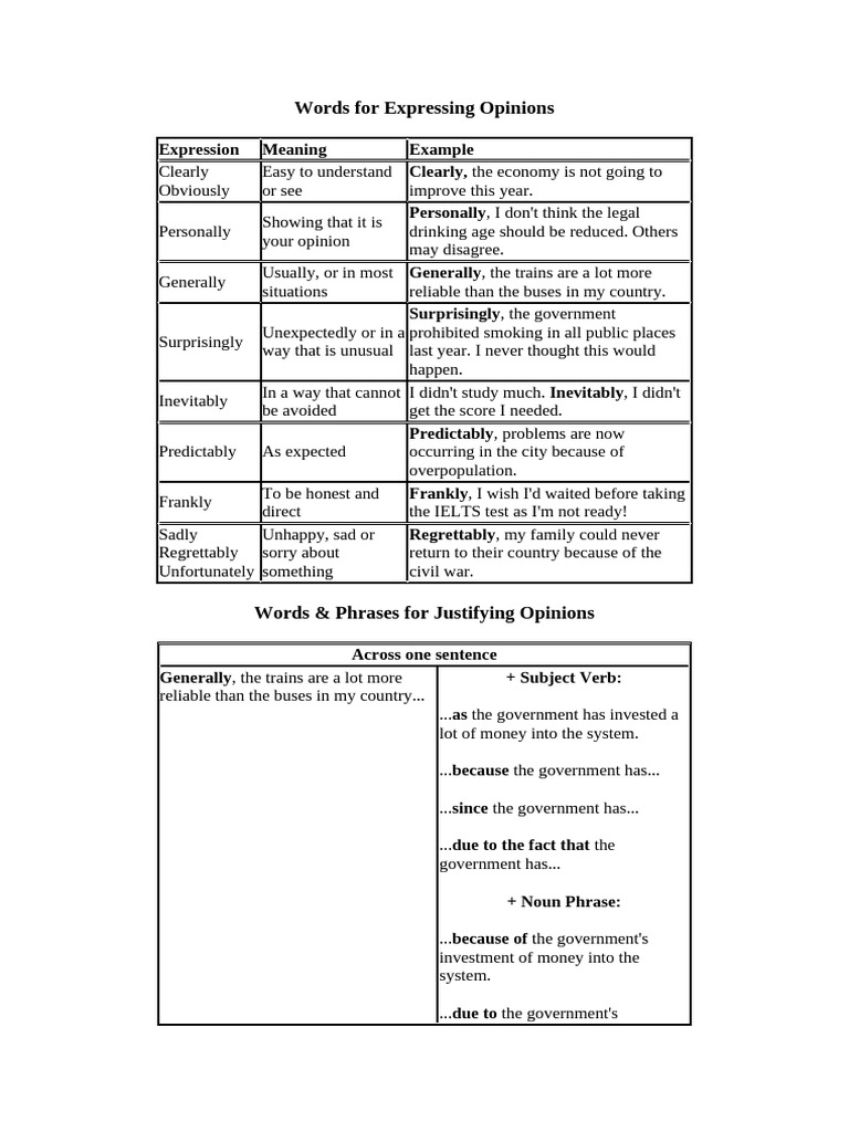 Words for Expressing Opinions | PDF | Phrase | Verb