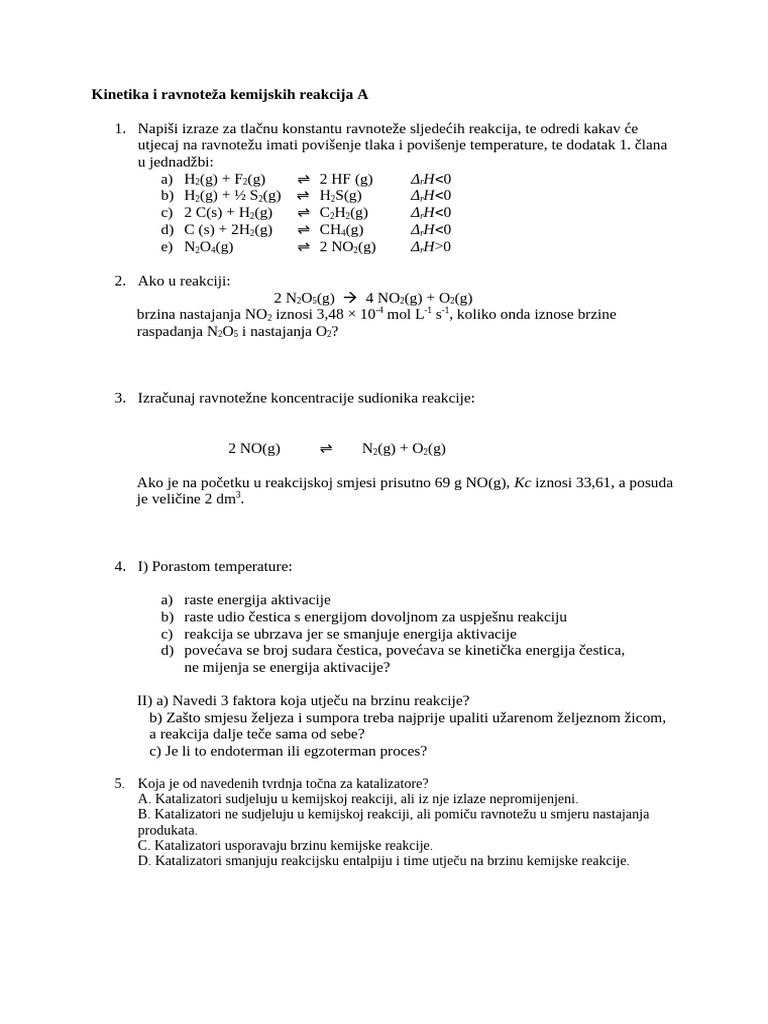 Kinetika I Ravnoteza Kemijskih Reakcija A Pokazano | PDF