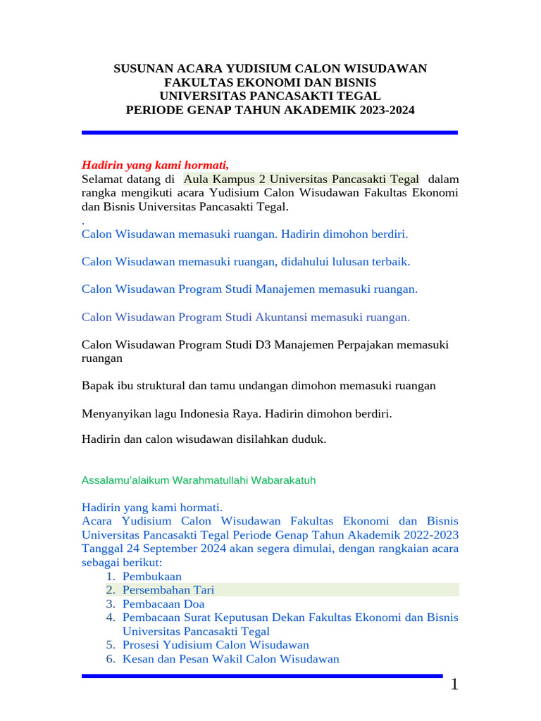 MC Pelepasan Calon Wisudawan September 2024 FEB | PDF