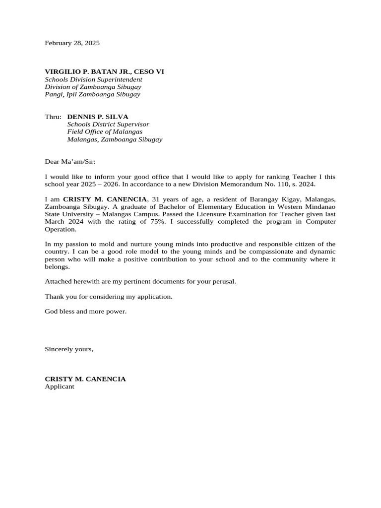 Application Letter Cristy | PDF