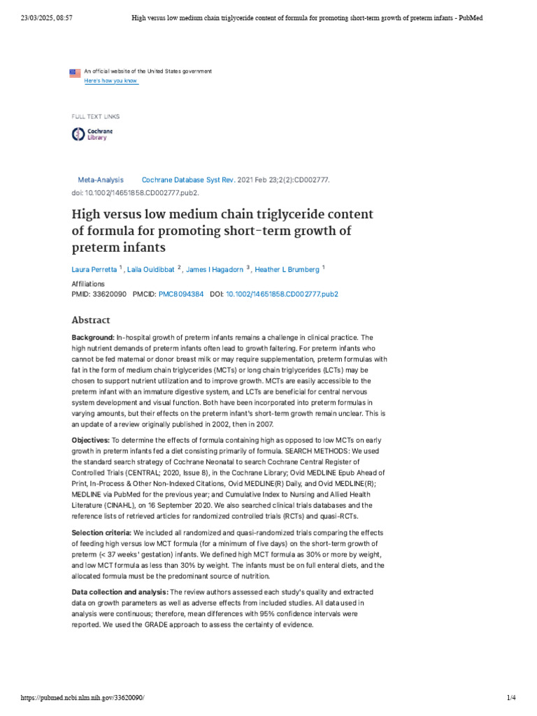 High Versus Low Medium Chain Triglyceride Content of Formula For ...