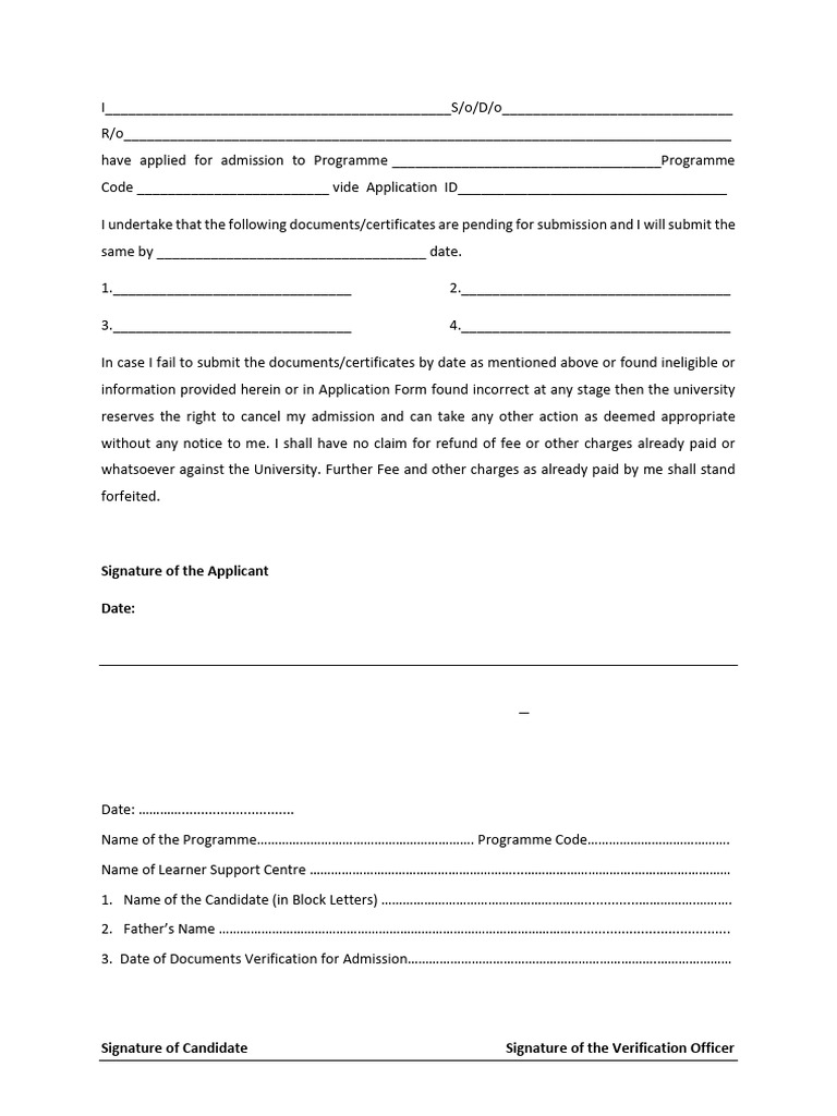 Provisonal Admission Form & Undertaking | PDF