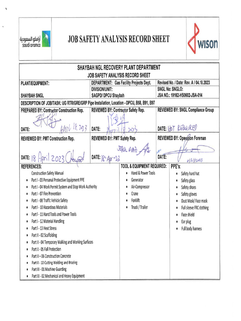 19162-HS0602-JSA-014 - UG RTR GRE GRP Pipe Installation | PDF