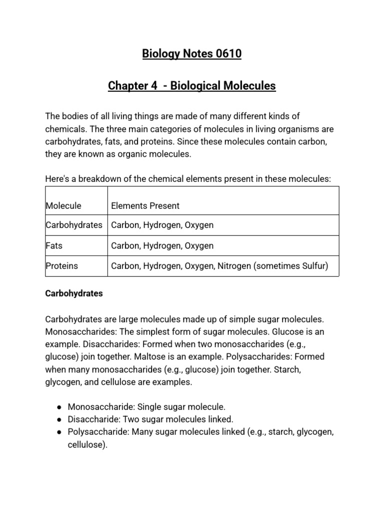 Chapter 4 - Biological Molecules (Biology Notes 0610) | PDF ...
