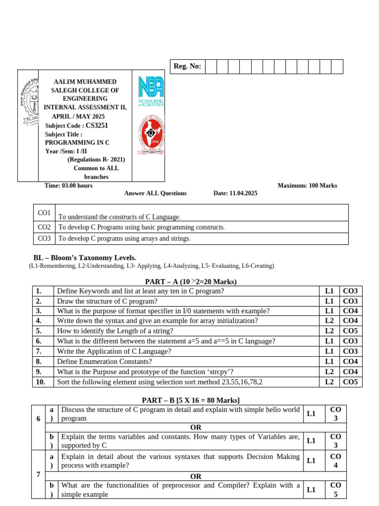 Programming in C-Internal 1 Question Paper - Kiruthika | PDF | C (Programming Language ...