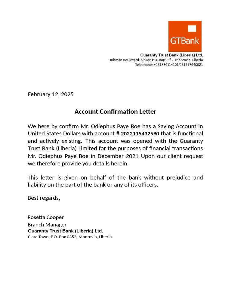 GTBank Account Confirmation Letter | PDF