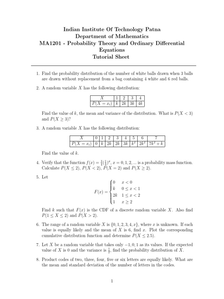 MA1201-Probability-Tut Sheet | PDF | Probability Distribution | Random Variable
