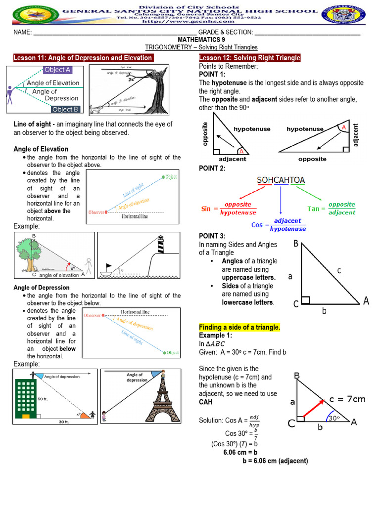 Trigonometry: Angles of Elevation & Depression | PDF | Triangle Geometry | Angle