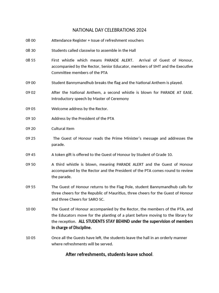 Programme For NATIONAL DAY CELEBRATIONS 2024 | PDF