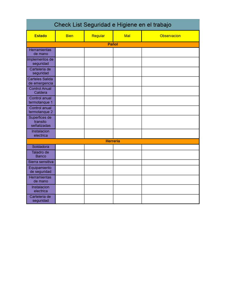 Check List Seguridad e Higiene - Hoja 1 | PDF