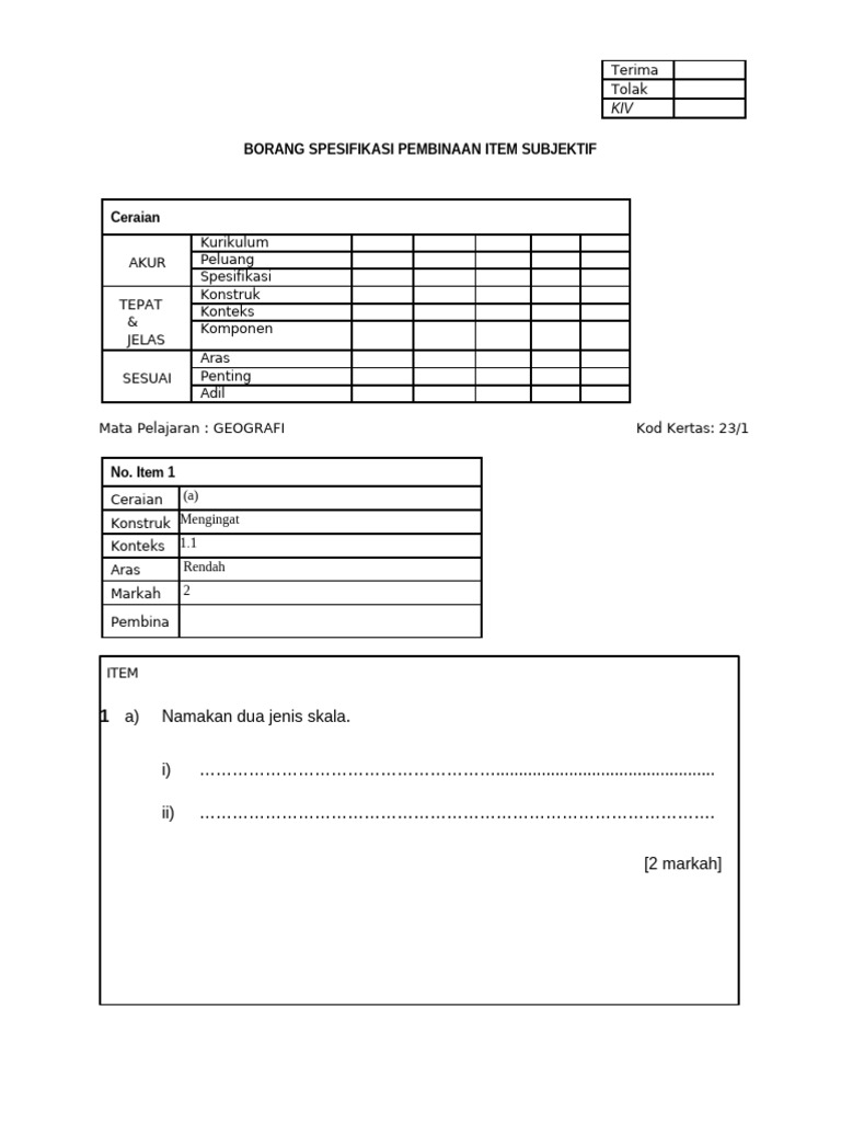 Borang Spesifikasi Pembinaan Item Subjektif Tingkatan 2 | PDF