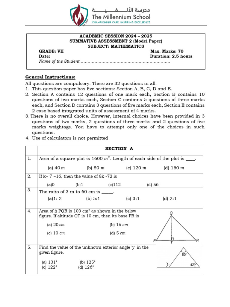 Grade VII Mathematics Model Paper 2024-25 | PDF | Area | Elementary ...
