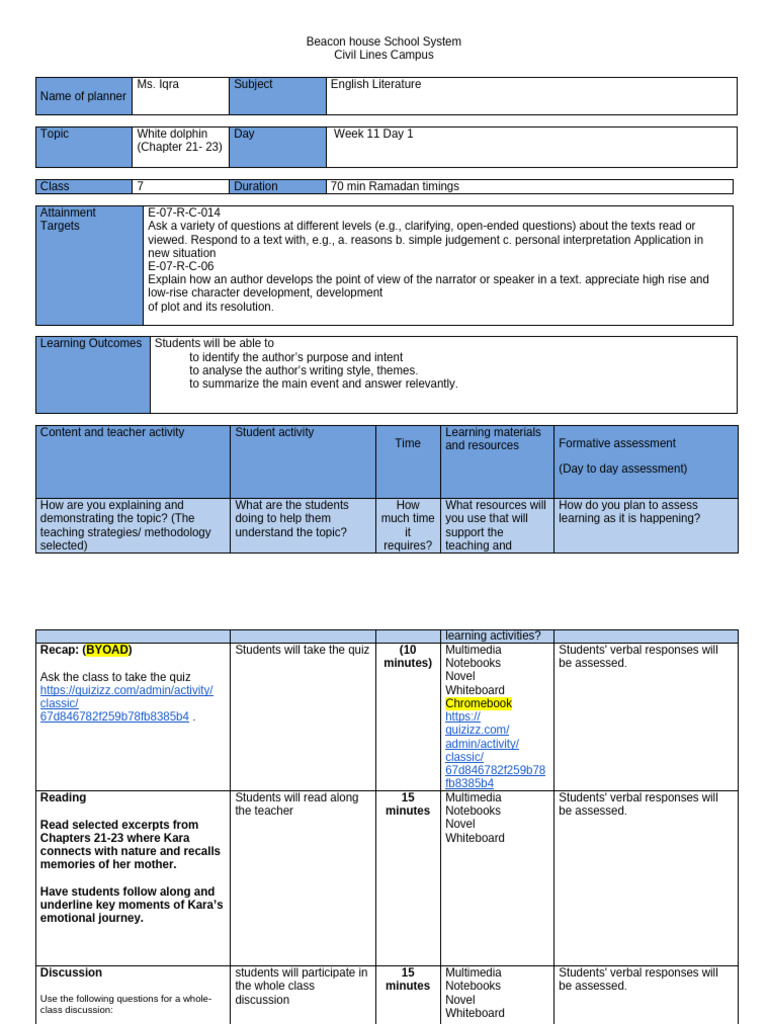 English Literature Lesson Plan: White Dolphin | PDF | Learning | Narration