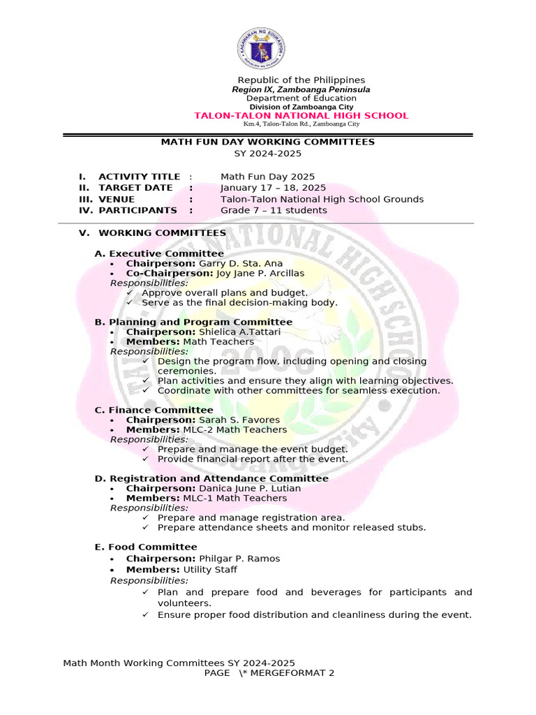 Math Fun Day Working Committees | PDF