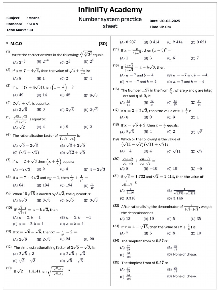 Class 9 Number System Practice Sheet | PDF