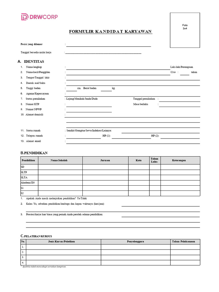 Biodata Karyawan DRW | PDF