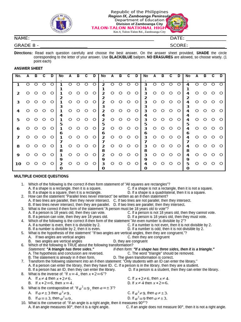 Grade 8 Exam Answer Sheet 2023 | PDF | Rectangle | Triangle