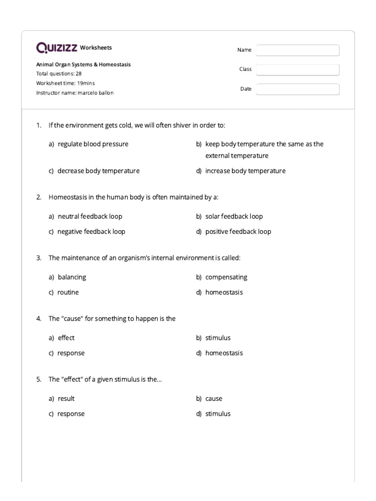 Animal Organ Systems Homeostasis Quizizz | PDF | Human Body ...