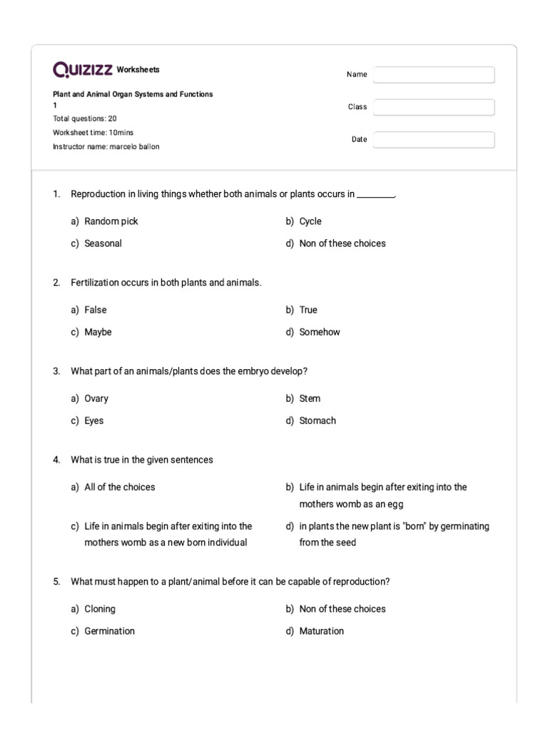 Plant and Animal Organ Systems and Functions 1 Quizizz | PDF | Plants ...