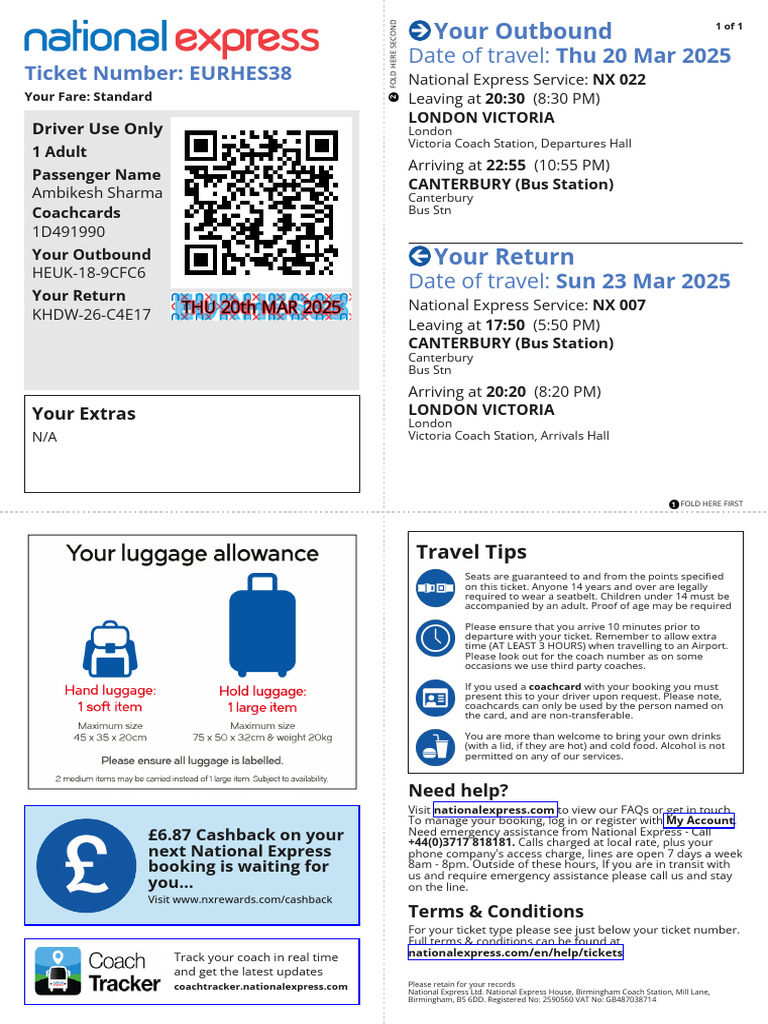 National Express Coach Ticket Details | PDF | Transport | Public Transport