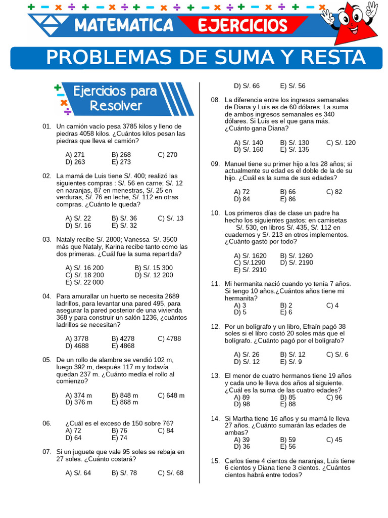 Problemas de Sumas y Restas para Sexto Grado | PDF