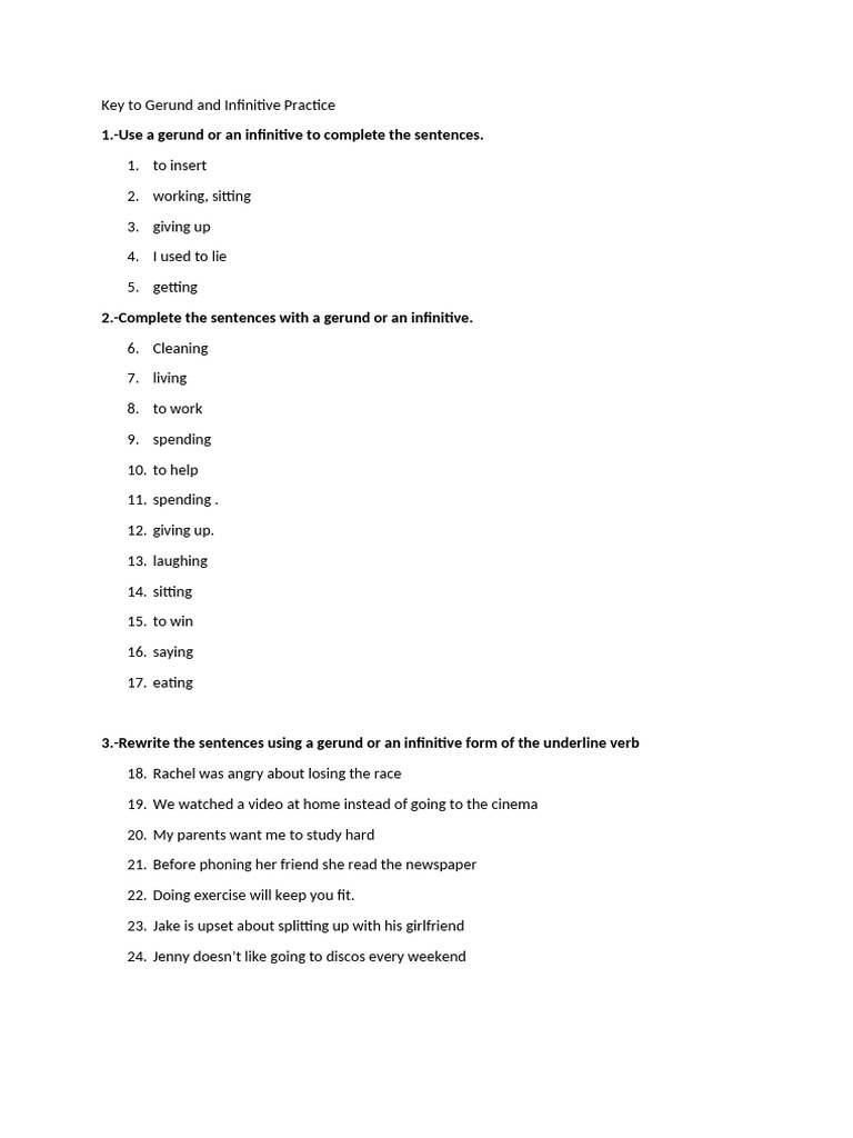 Key to Gerund and Infinitive Practice | PDF