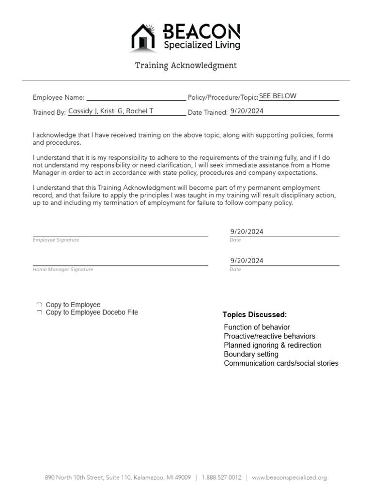 Staff Training Acknowledgment Form | PDF