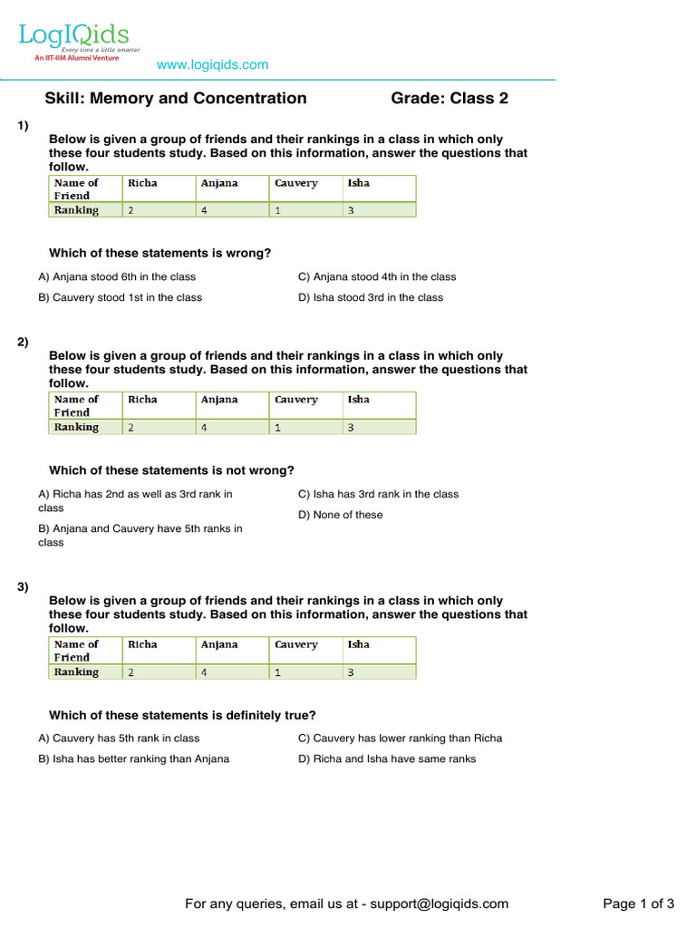 Class 2 Memory and Concentration Worksheets | PDF | Linguistics