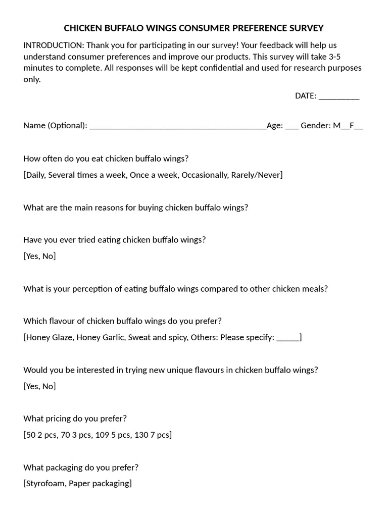 Chicken Buffalo Wings Consumer Preference Survey | PDF