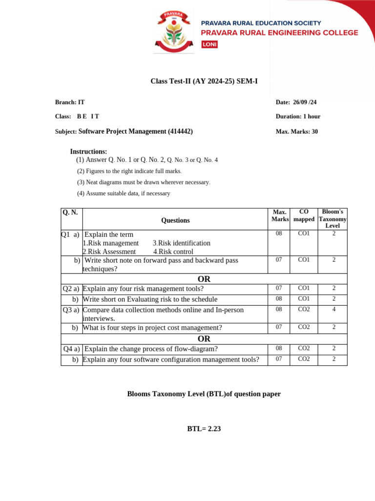 SPM_Class Test-II_BE IT_Sem_I | PDF
