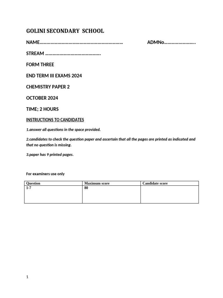 PAPER 3 CHEM CY TERM 3 ENDTERM | PDF | Sodium Carbonate | Materials