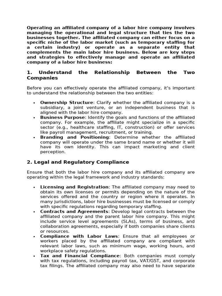 Operating An Affiliated Company of A Labor Hire Company Involves ...