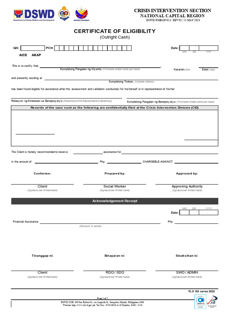 DSWD Certificate of Eligibility for Aid | PDF