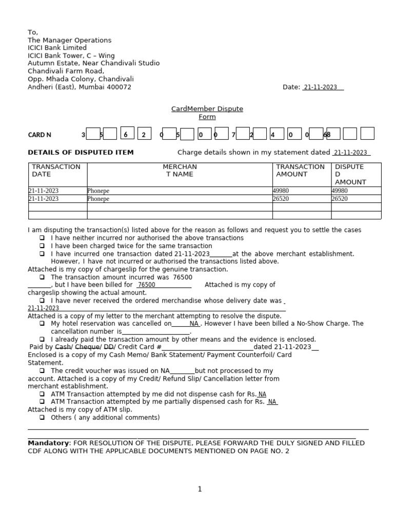 ICICI Bank Transaction Dispute Form | PDF | Credit Card | Identity Document