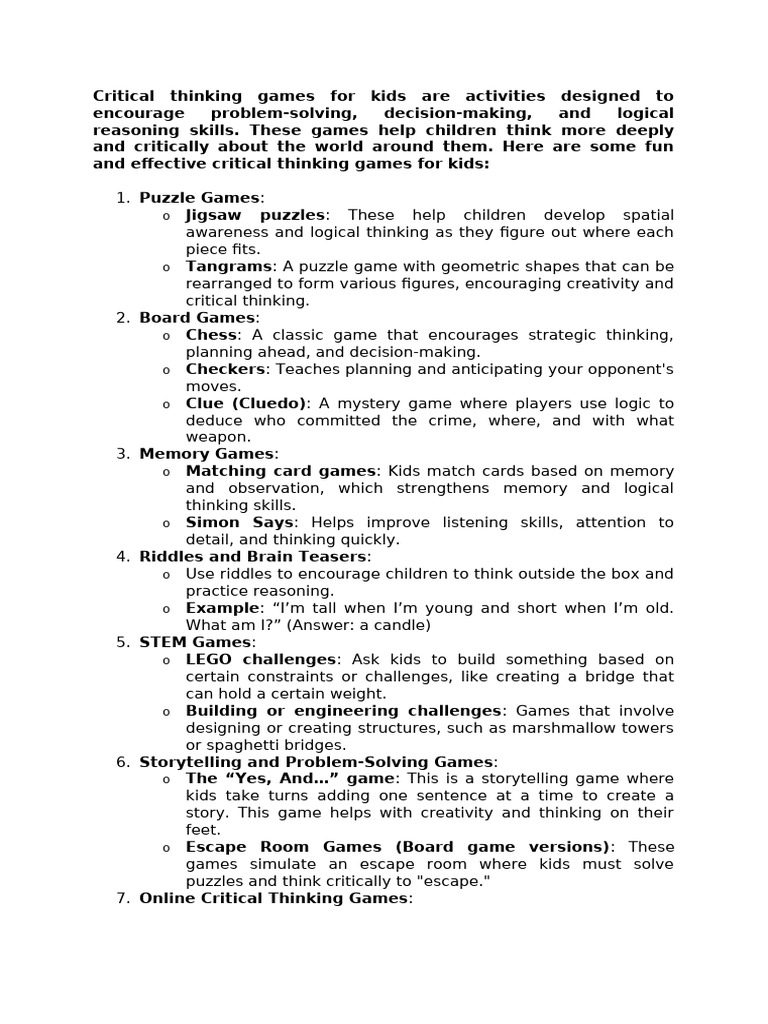 Critical Thinking Games For Kids | PDF | Thought | Critical Thinking