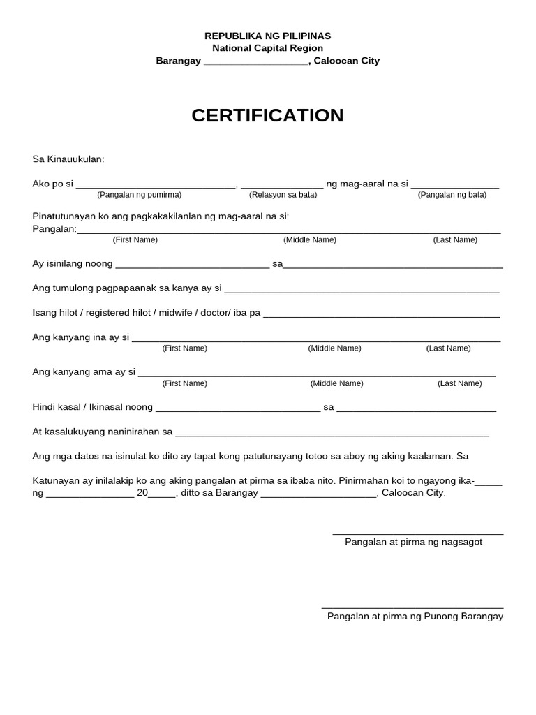 Brgy Certification For BC Registration | PDF