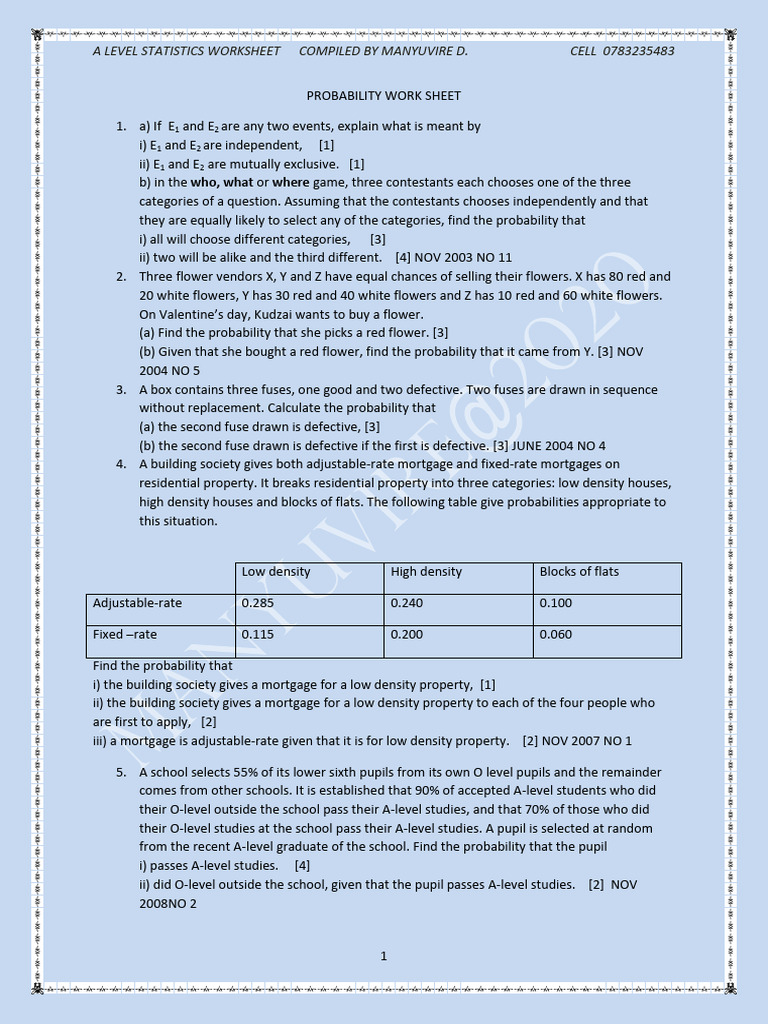 Probability Work Sheet | PDF | Probability | Applied Mathematics